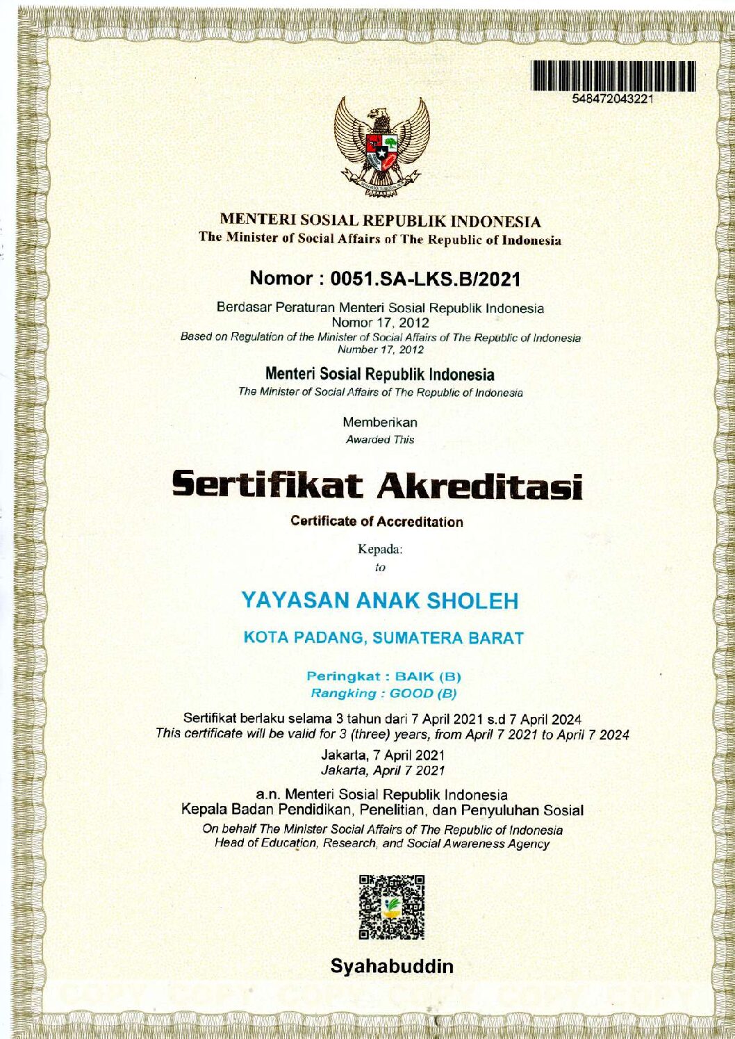 Sertifikat Akreditasi Anak Sholeh